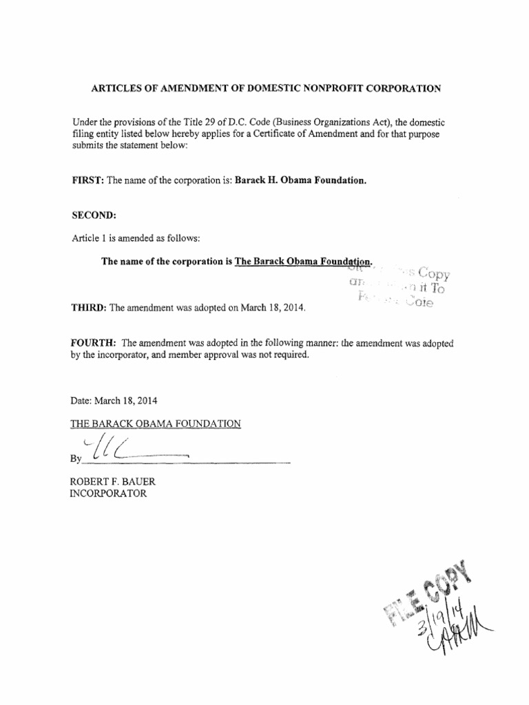 BARACK OBAMA FOUNDATION Articles of Incorporation | PDF