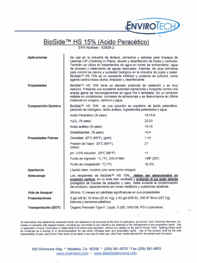 BioSide HS 15% Data | PDF | Oxígeno | Agua
