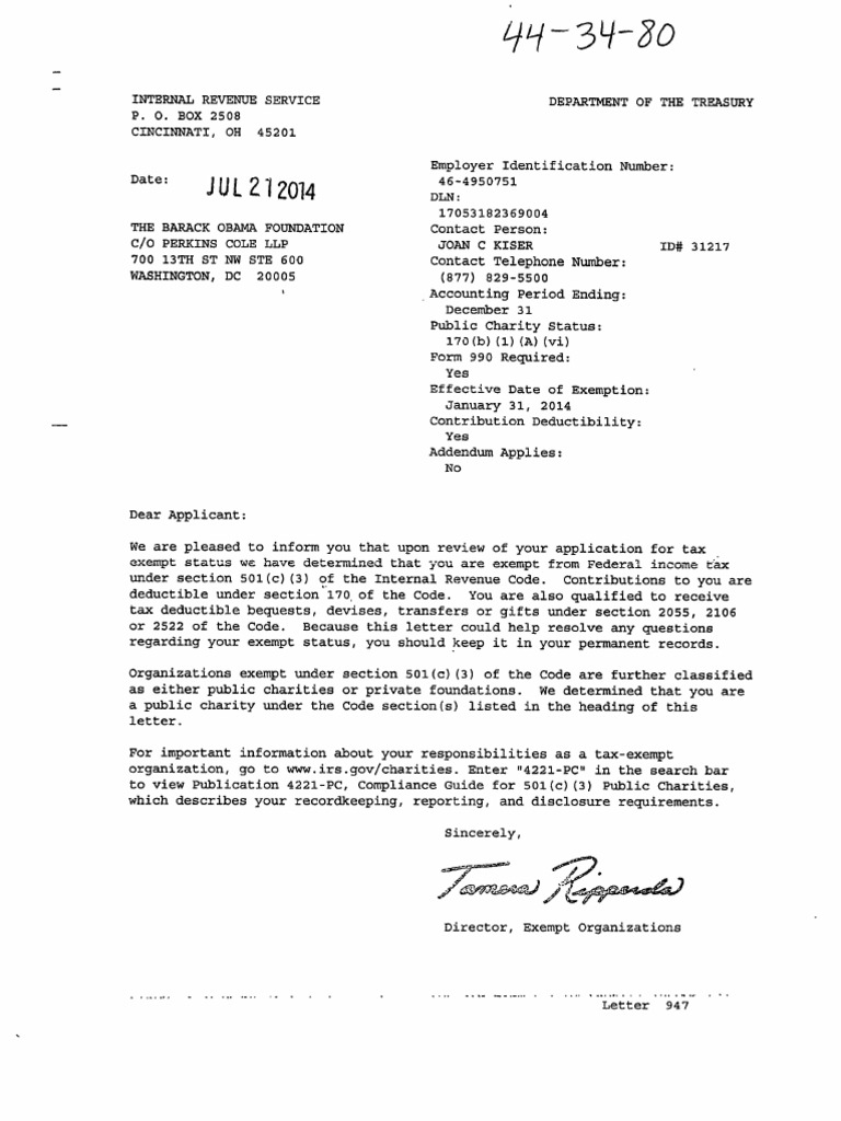 Barack Obama Foundation Irs Determination Letter July 21 2014 | 501(C ...
