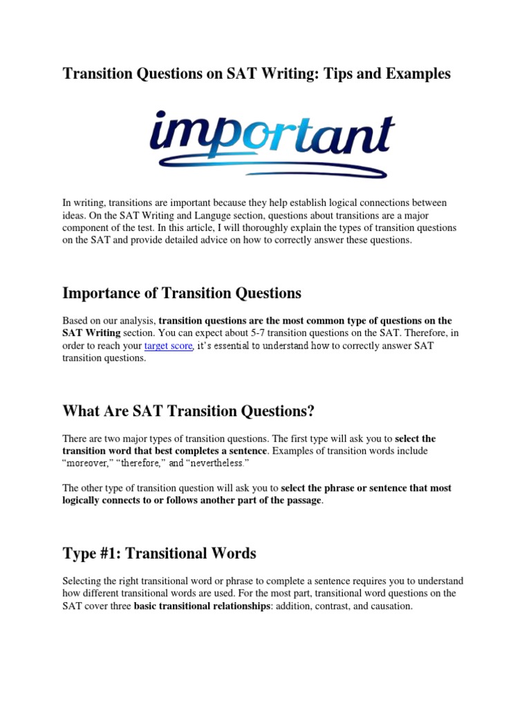 SAT Transition Questions On SAT Writing | PDF | Sat | Question