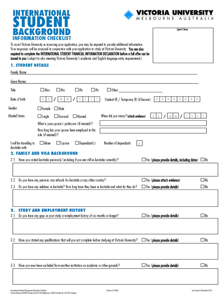 For International Student Background Information Checklist Melbourne AU | PDF | Travel Visa ...