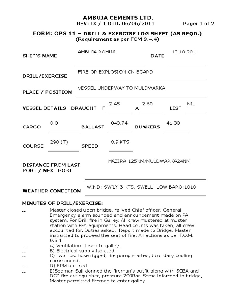 Ambuja Cements Ltd. Form: Ops 11 - : Drill & Exercise Log Sheet (As ...