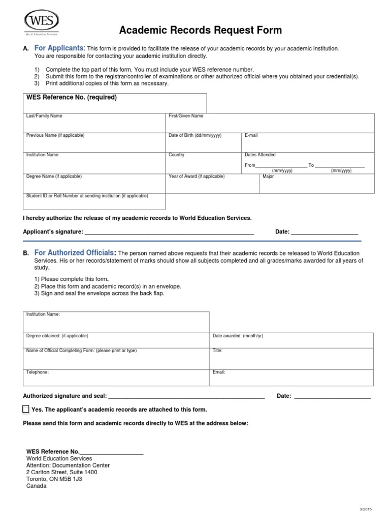 WES Academic Records Request Form PDF | PDF