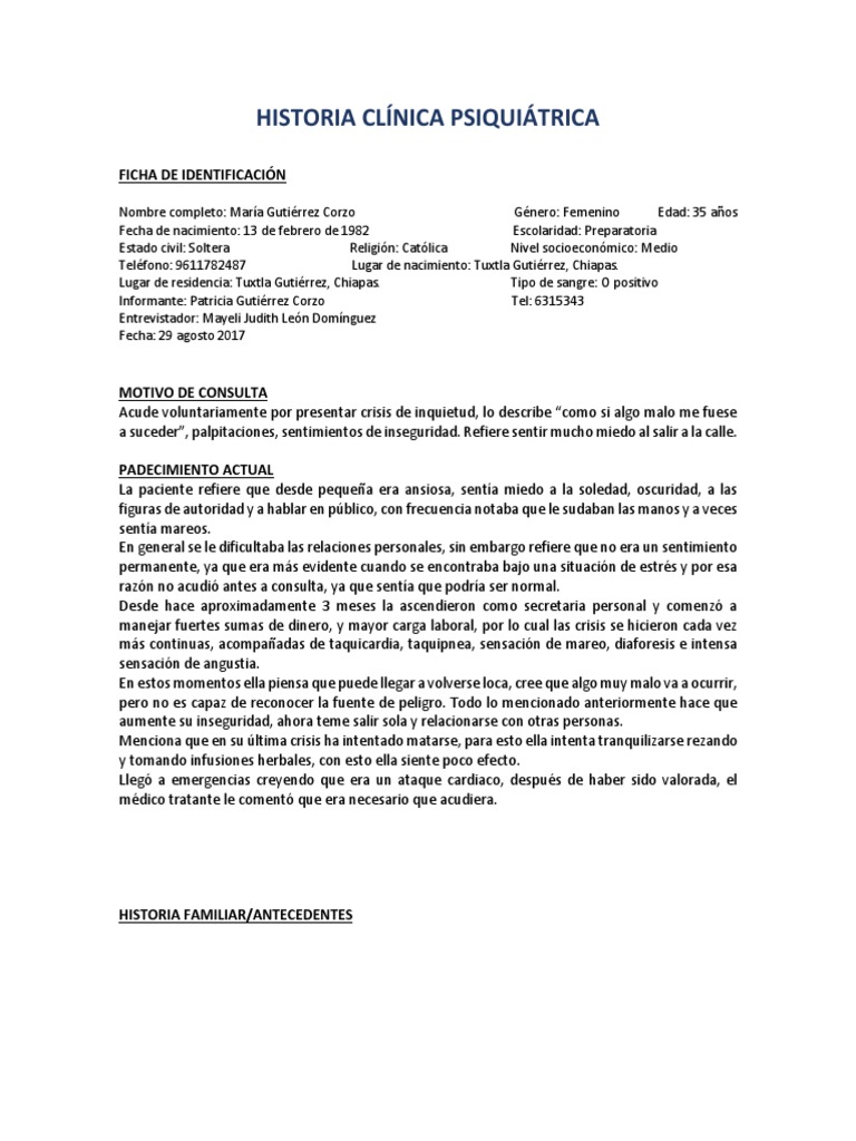 Historia Clínica Psiquiátrica | PDF | Temor | Ciencias del comportamiento