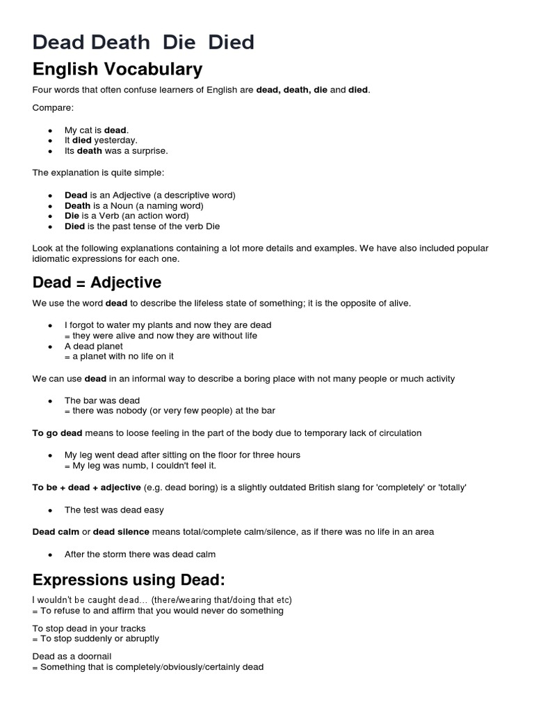 Dead Death Die Died | PDF | Verb | Adjective