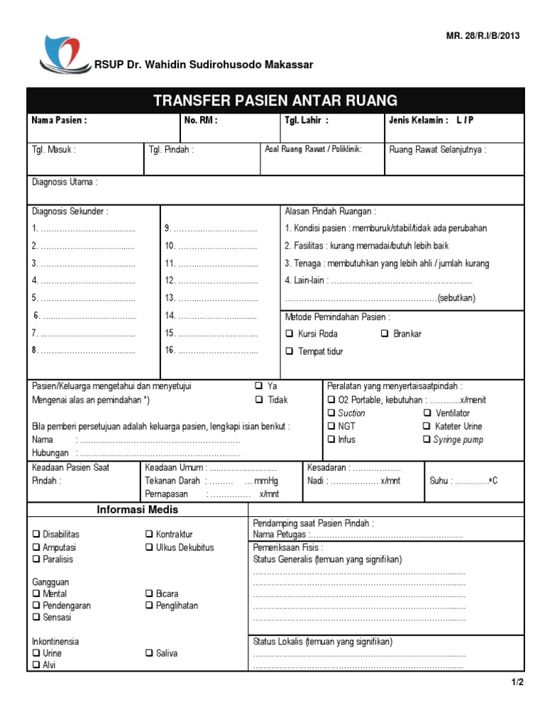 Transfer Pasien Antar Ruang: RSUP Dr. Wahidin Sudirohusodo Makassar | PDF