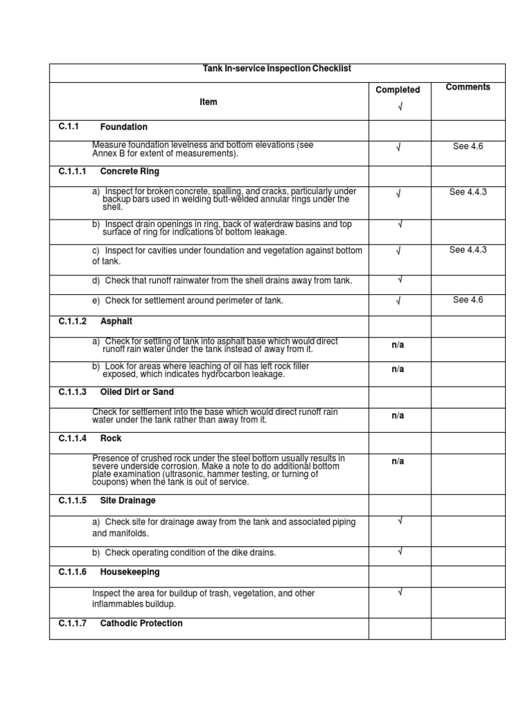 Tank in Service Inspection Checklist | PDF | Leak | Corrosion