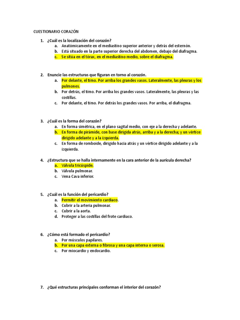 Cuestionario Corazón (anatomía) | Corazón | Sistema circulatorio