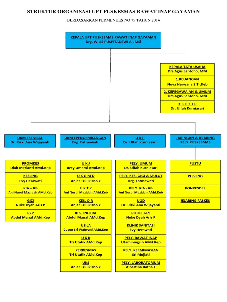 Struktur Organisasi UPT Puskesmas Rawat Inap Gayaman Berdasarkan Permenkes No 75 Tahun 2014 | PDF
