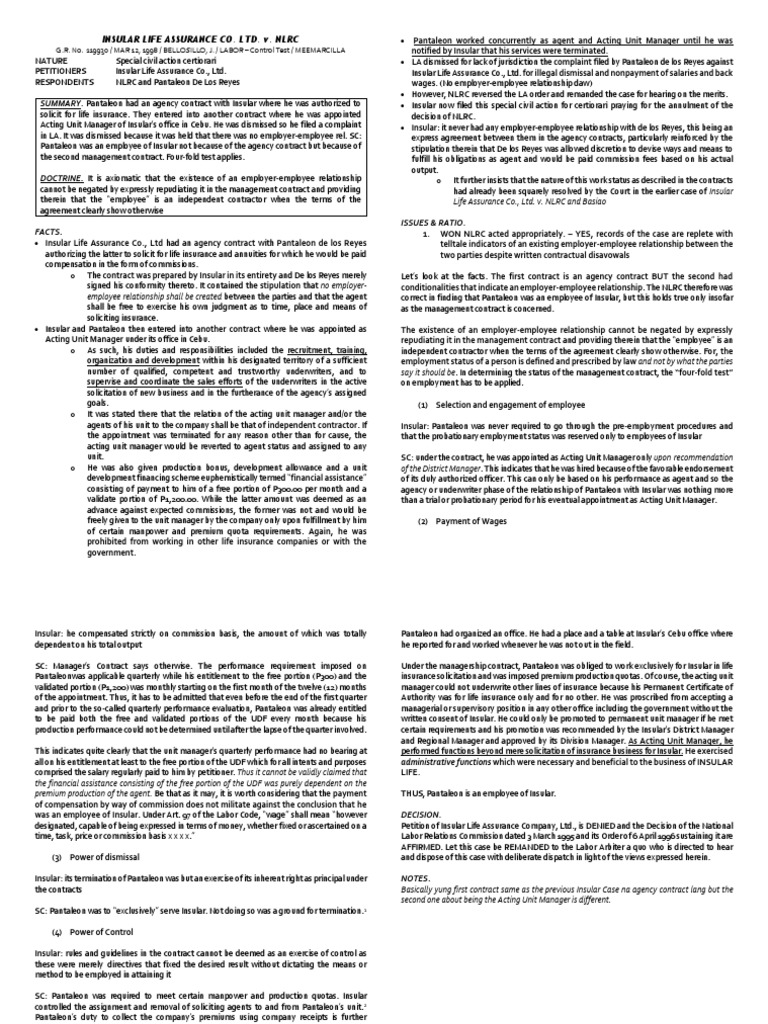 03.1 Insular Life V NLRC | PDF | Life Insurance | Employment
