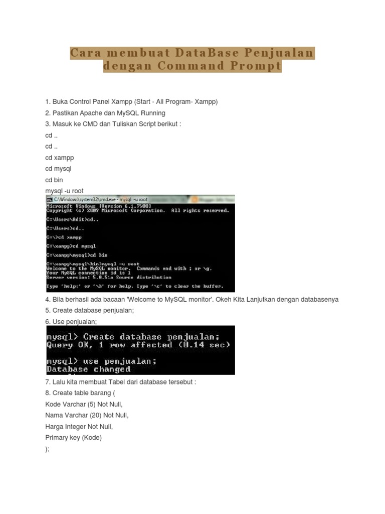 Cara Membuat DataBase Penjualan Dengan SQL Command Prompt | PDF