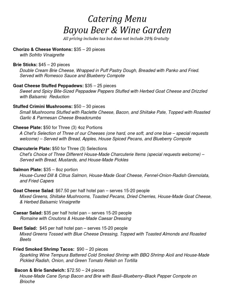 Catering Menu Bayou Beer & Wine Garden | PDF | Pickling | Salad