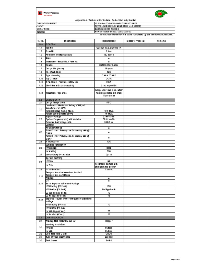 12.5/16 MVA Power Transformer Specs | PDF | Transformer | Insulator ...