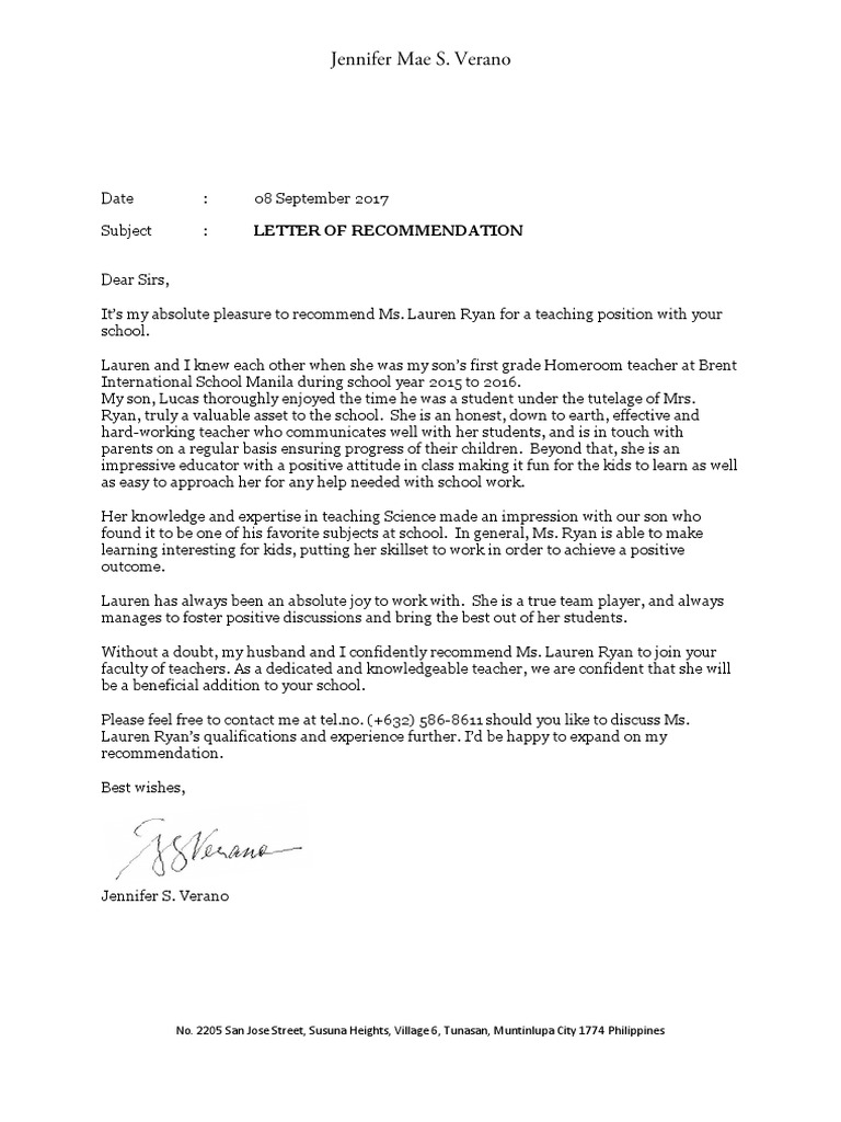 Parent Letter of Recommendation | PDF