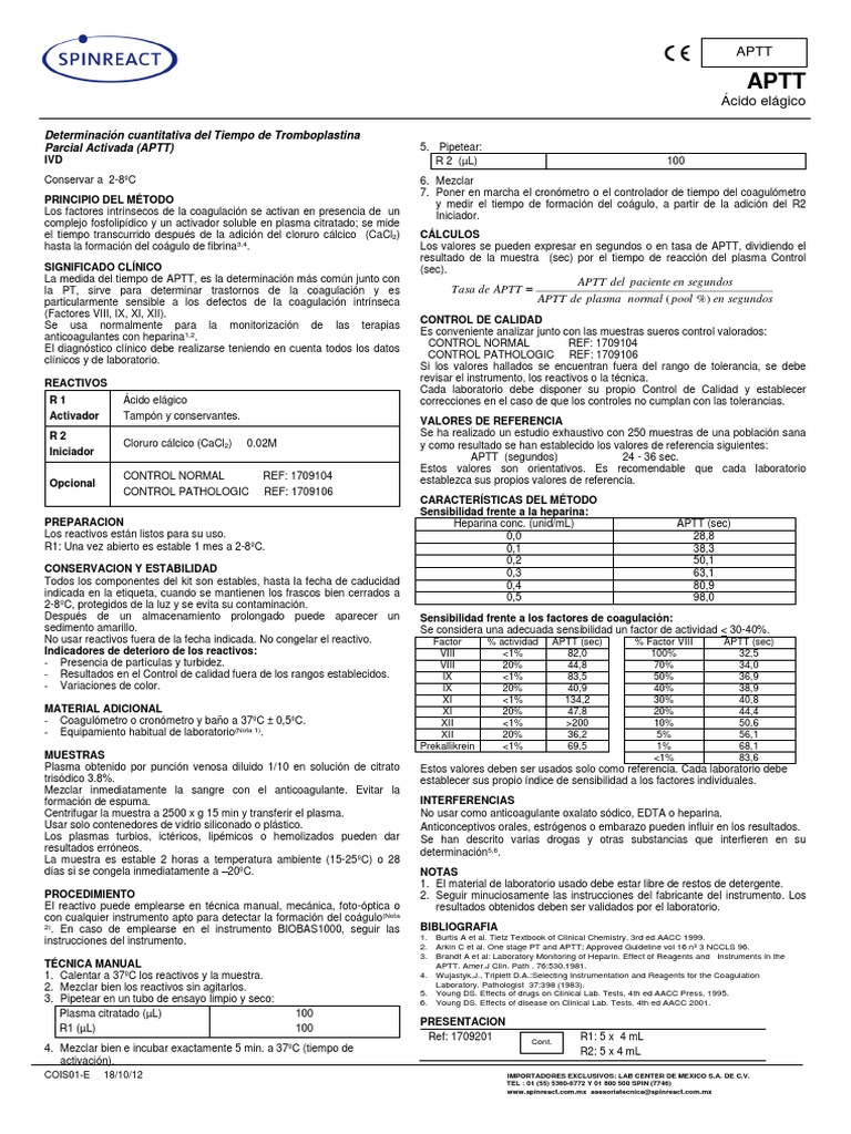 Aptt Spinreact | PDF | Coagulación | Especialidades Medicas