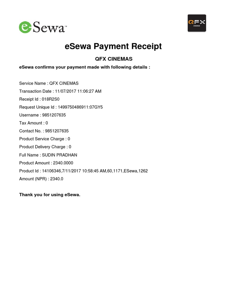 Esewa Payment Receipt: QFX Cinemas | PDF