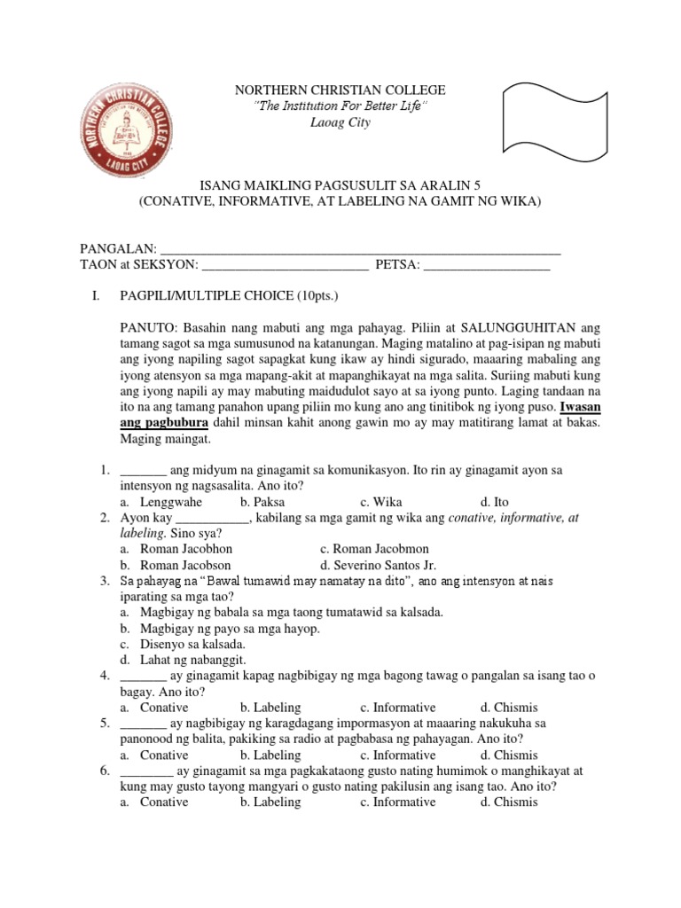 Pagsusulit Sa Aralin 5 | PDF