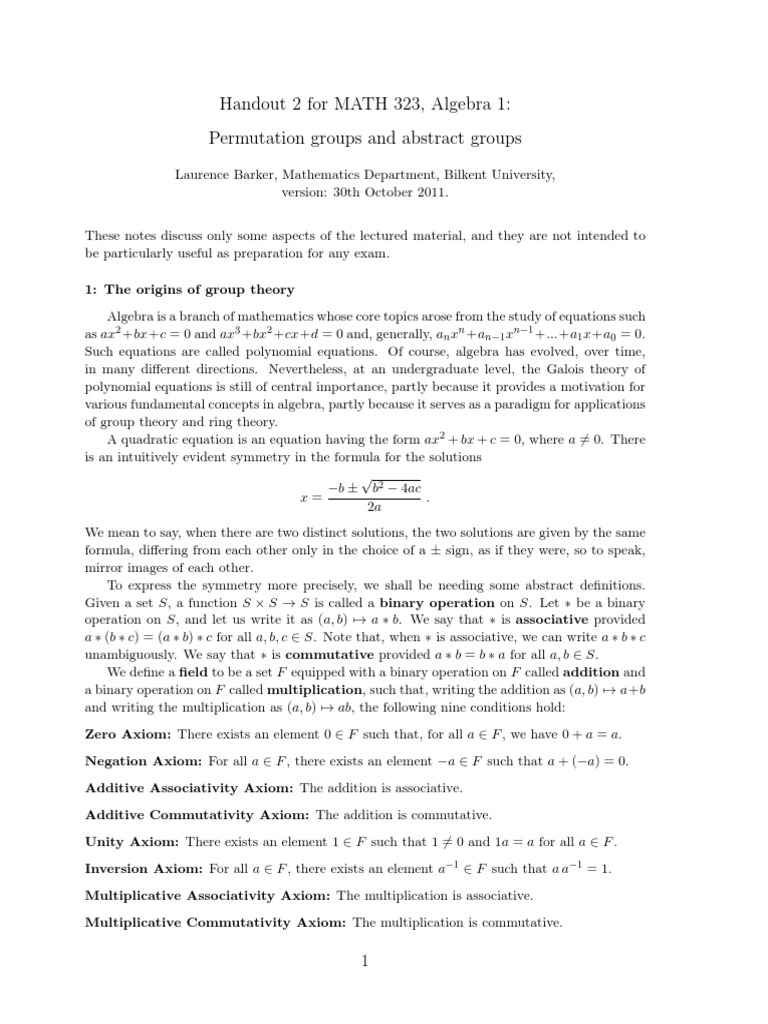 Handout 2 For MATH 323, Algebra 1: Permutation Groups and Abstract Groups | Download Free PDF ...