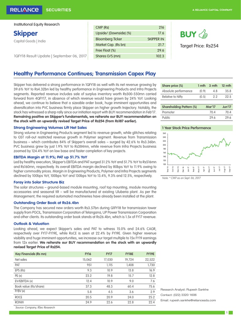 Skipper - 1QFY18 Result Update - 060917 | PDF | Financial Analyst | Expense