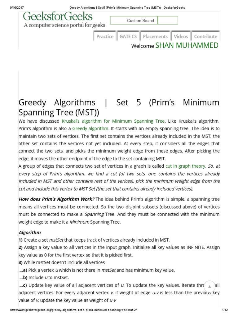 Geeksforgeeks: Greedy Algorithms - Set 5 (Prim'S Minimum Spanning Tree ...
