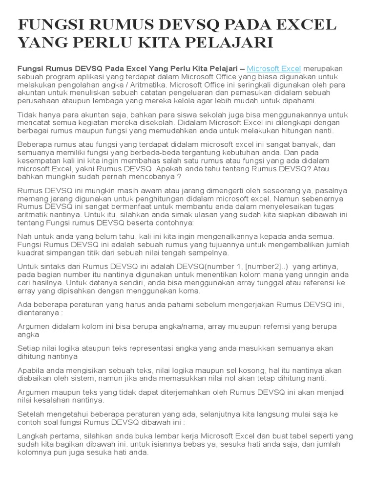Fungsi Rumus Devsq Pada Excel Yang Perlu Kita Pelajari | PDF
