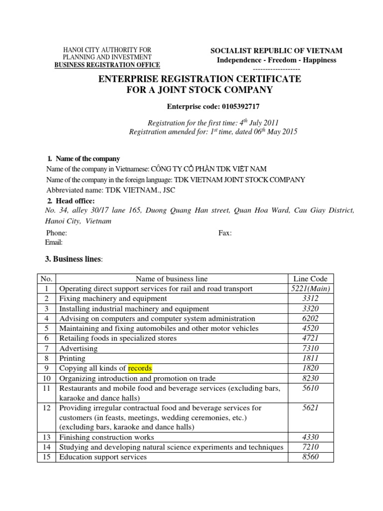 TDK Vietnam Enterprise Registration Certificate | PDF | Hanoi | Vietnam
