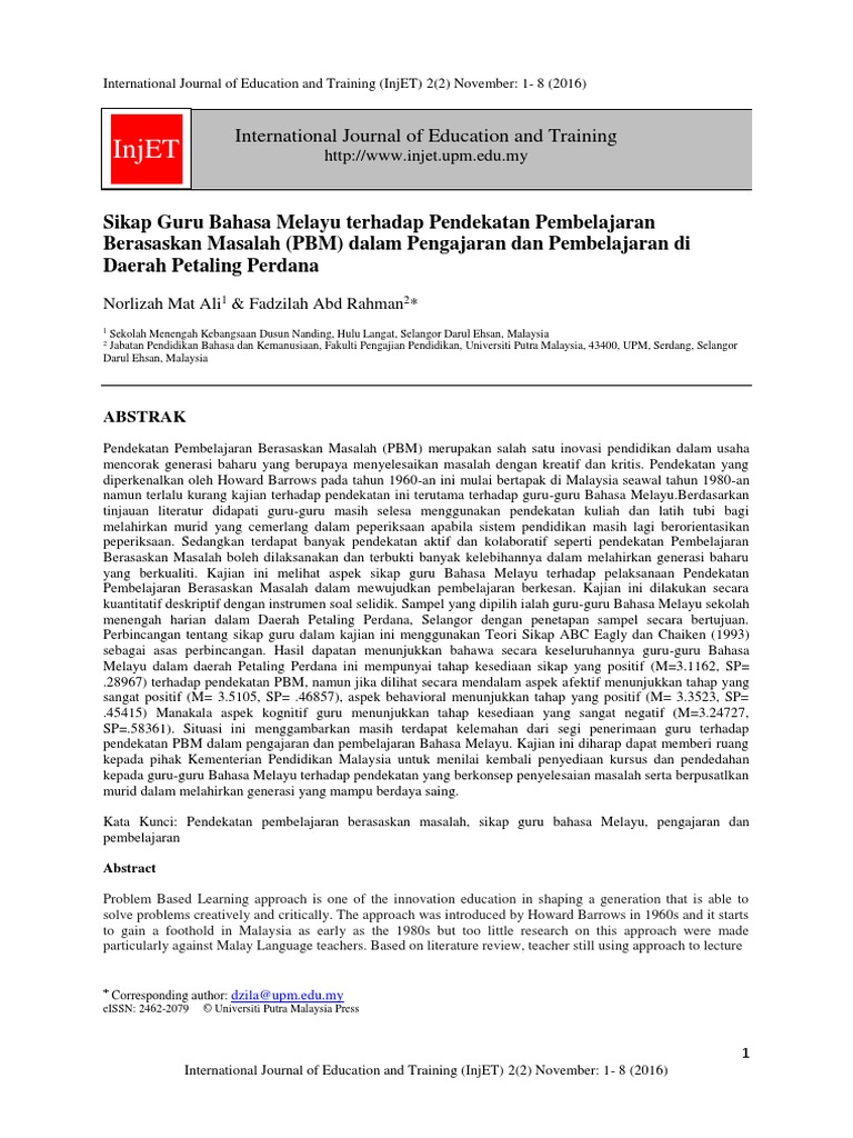 Sikap Guru Bahasa Melayu Terhadap Pendekatan Pembelajaran Berasaskan Masalah (PBM) Dalam ...
