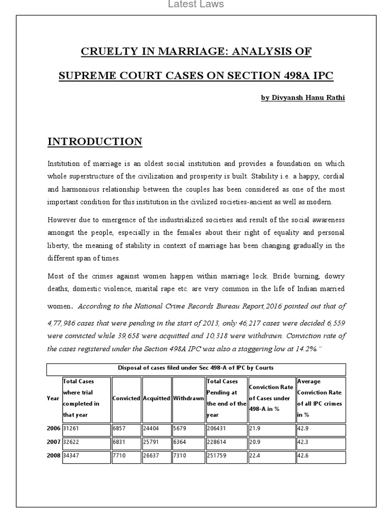 Cruelty in Marriage: Analysis of Supreme Court Cases On Section 498A IPC by Divyansh Hanu | PDF ...
