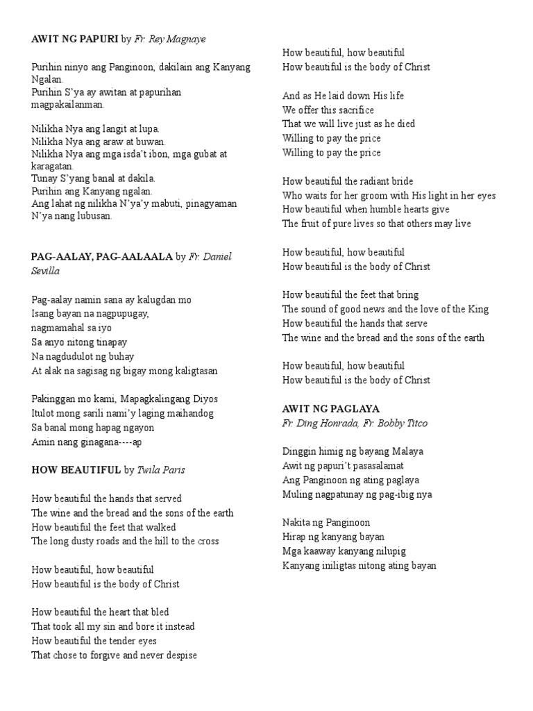 Lyrics - Pag-Aalay, Pag-Aalaala How Beautiful Awit NG Paglaya | PDF | Religion & Spirituality