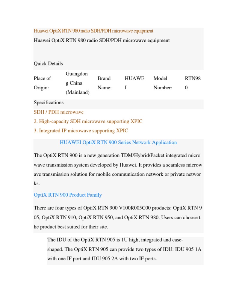 Huawei OptiX RTN 980 Radio SDH/PDH Microwave Equipment: A Comprehensive ...