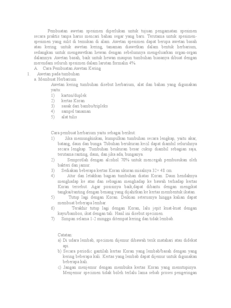 Teknik Pengawetan Spesimen Hewan dan Tumbuhan | PDF