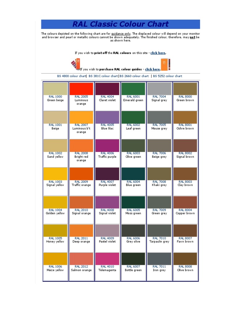 Color Chart (Ral No.,Bs381c, Bs4800, Bs2660, Bs5252) | PDF | Yellow | Green