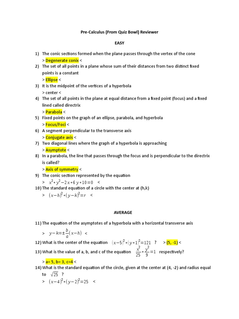 Pre Cal (Quiz Bowl FQ) | PDF | Analytic Geometry | Elementary Mathematics