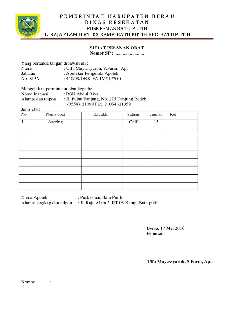 Surat Pesanan Obat Mengandung Precursor Farmasi