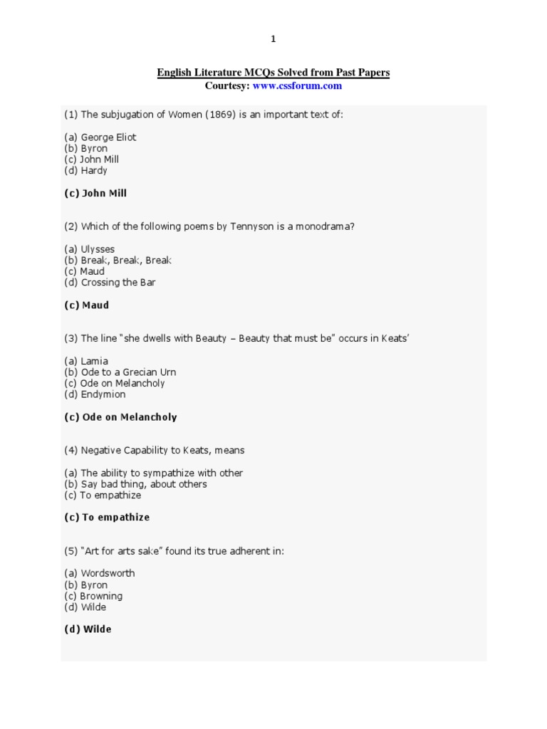 English Literature MCQs Solved From Past Papers | PDF | John Keats ...