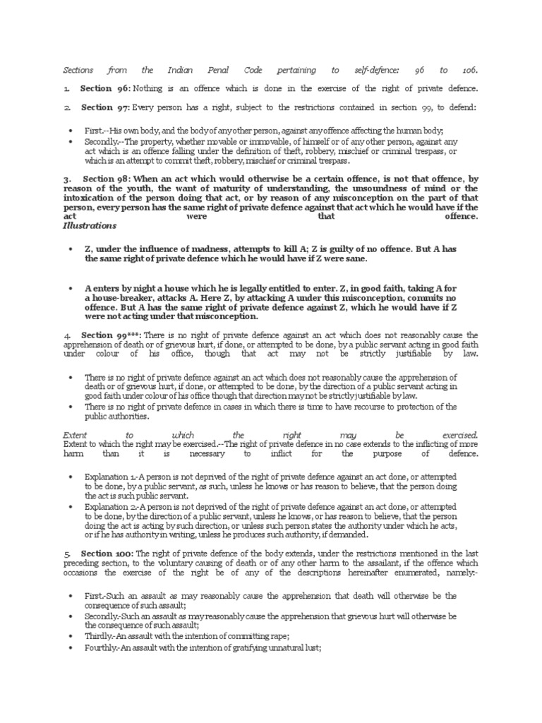 Sections From The Indian Penal Code Pertaining To Self-Defence: 96 To ...