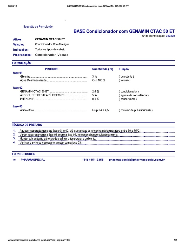 Base Condicionador Com Genamin Ctac 50 Et | PDF