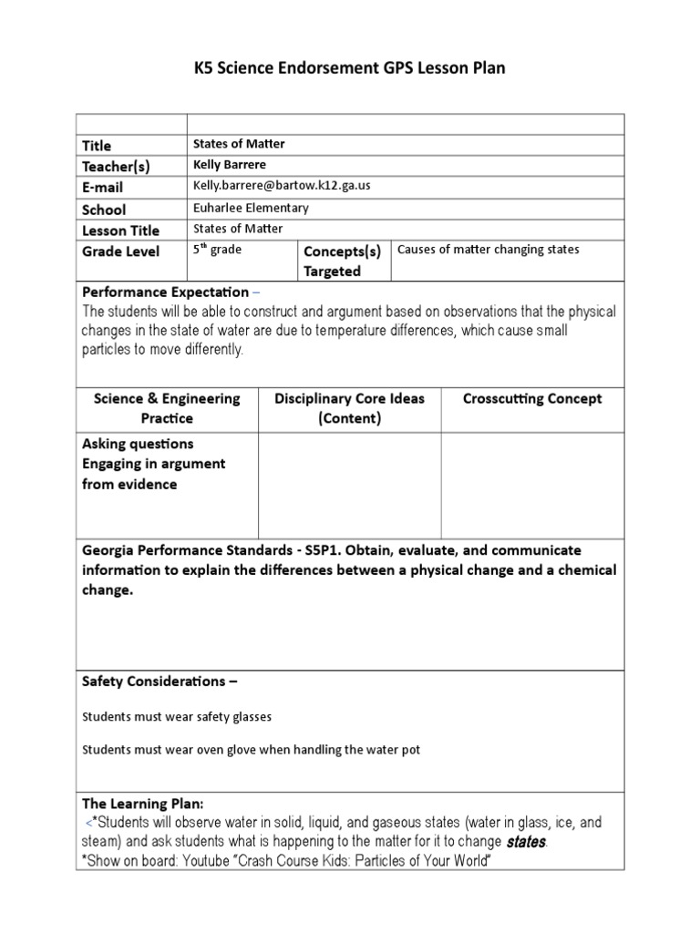 5th Grade States of Matter Lesson Plan | PDF | Matter | Gases