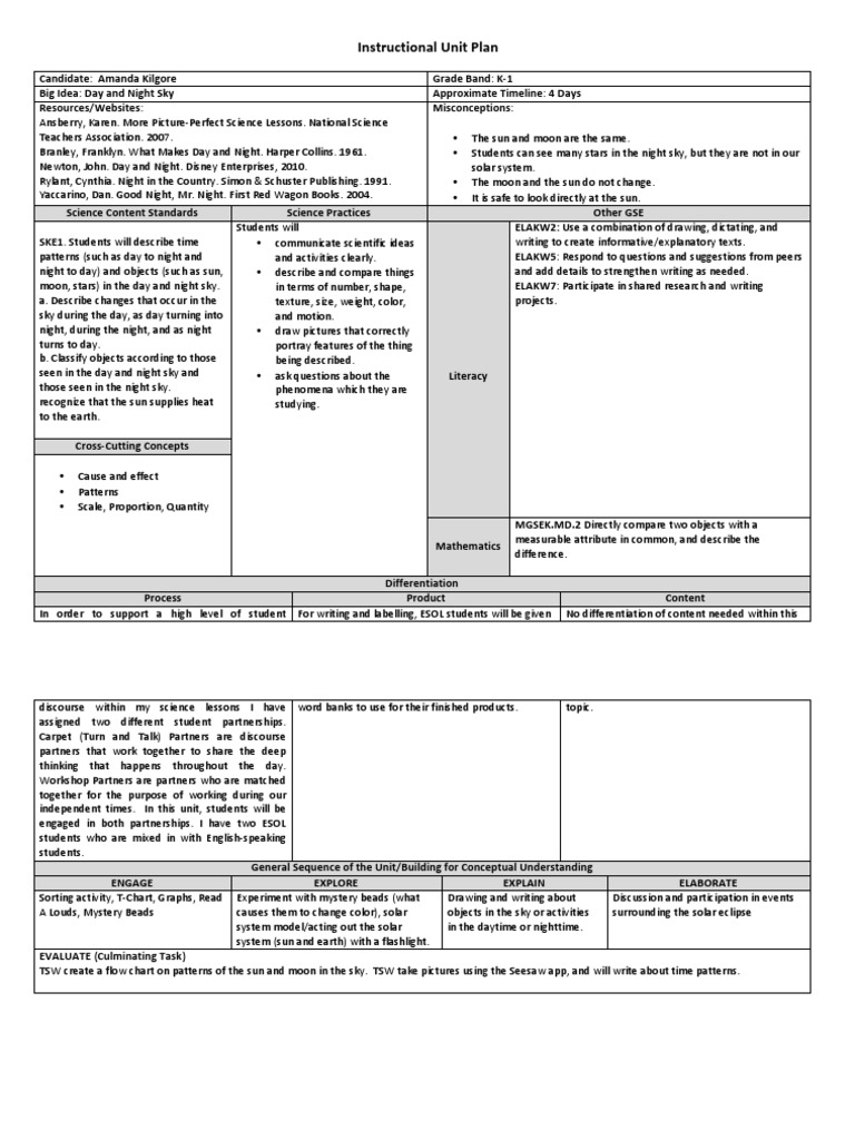 Day and Night Unit Plans | PDF | Sky | Sun
