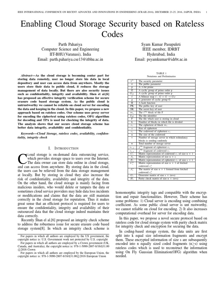 Enabling Cloud Storage Security Based On Rateless Codes Pdf Cloud
