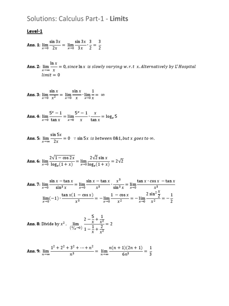 Solutions: Calculus Part-1 - Limits: Level-1 | PDF | Teaching Mathematics