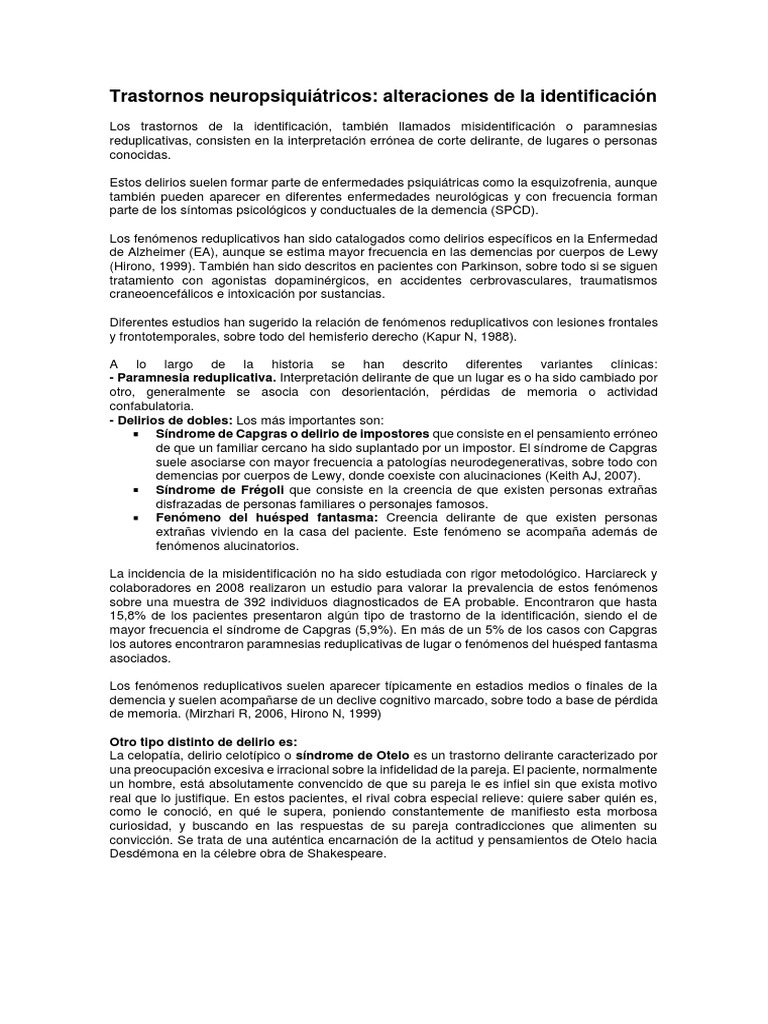 Paramnesias Reduplicativas | PDF | Engaño | Campos relacionados con la ...