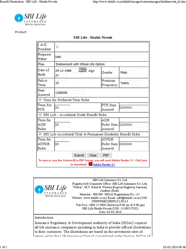 Benefit Illustration - SBI Life - Shubh Nivesh PDF | PDF | Life ...
