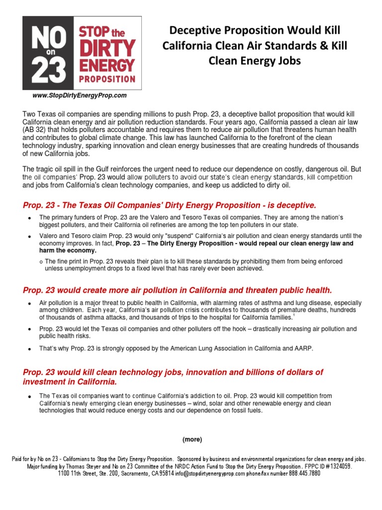 No On Prop 23 General Factsheet | PDF | Air Pollution | Renewable Energy