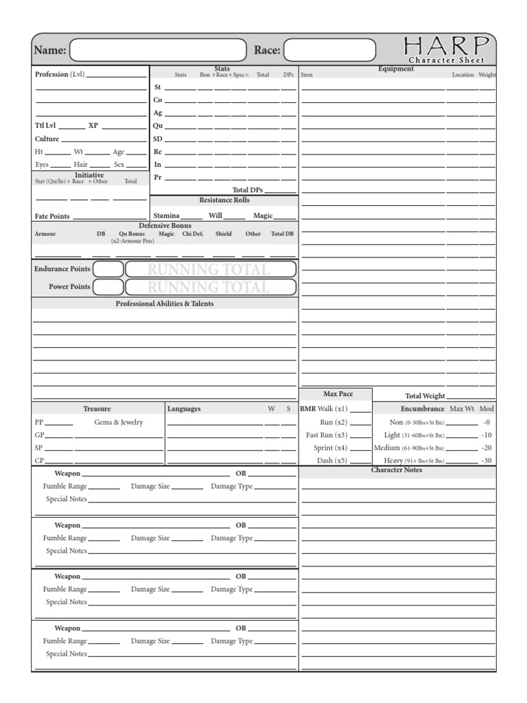 2 Page HARP RPG Character Sheet | PDF | Role Playing Games | Entertainment