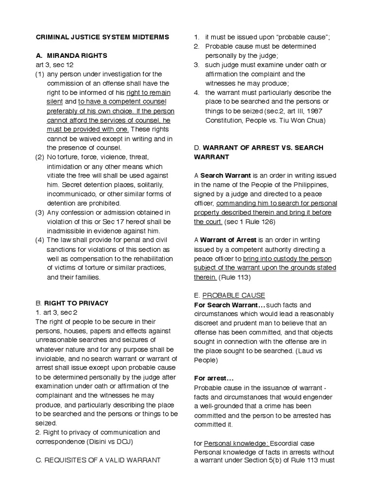 Criminal Justice Midterms Review | PDF | Search And Seizure | Probable ...
