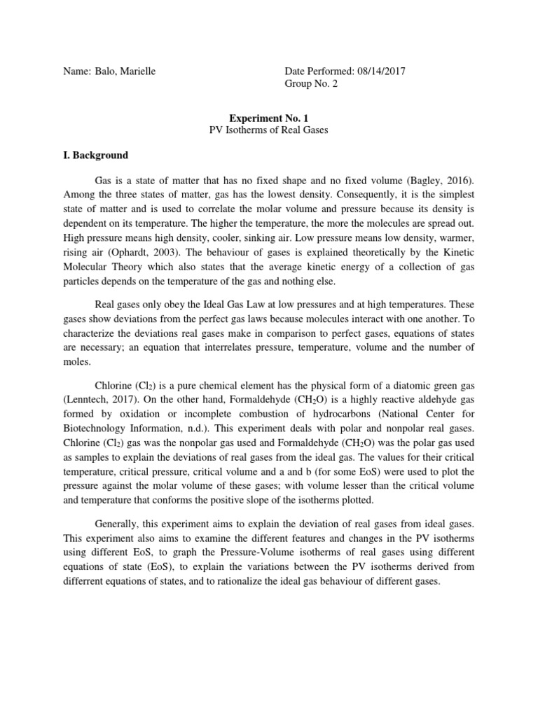 Chem 116 Experiment 1 - PV Isotherms of Real Gases | PDF | Gases ...