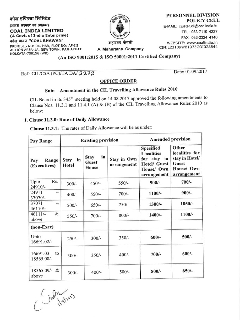 Amendment in The CIL Travelling Allowance Rules 2010 OO No CIL C5A PC ...
