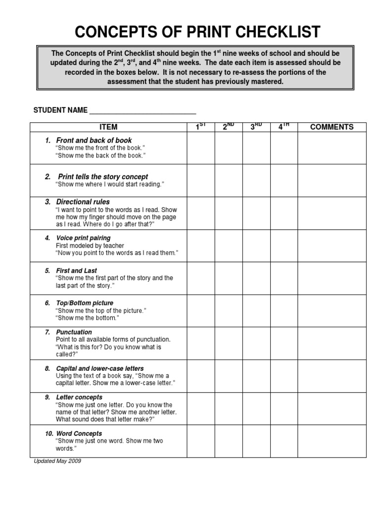 Concepts About Print Checklist | PDF