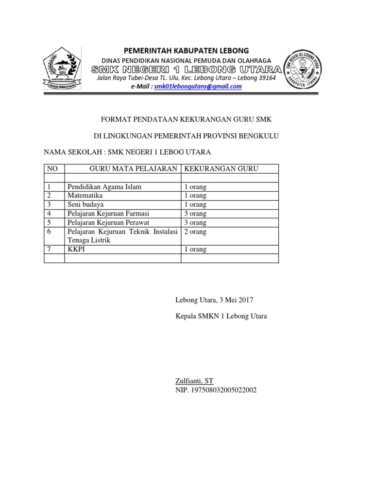 Format Pendataan Kekurangan Guru SMK | PDF